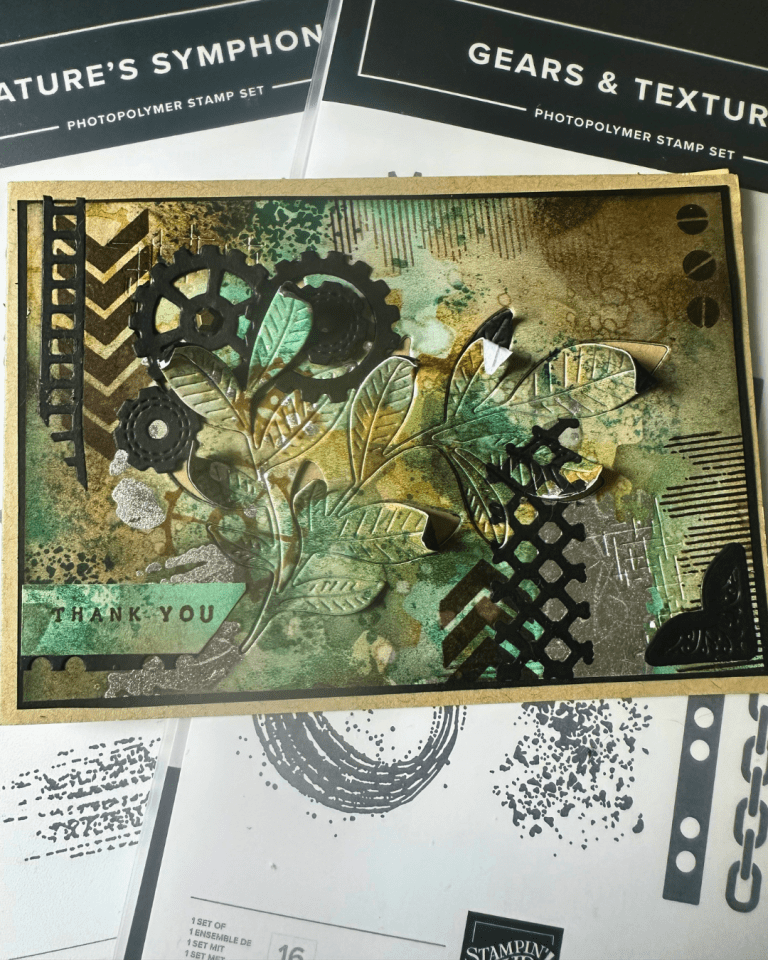 One Background, Two Cards: Mixed Media Magic Masculine cards with Gears ...